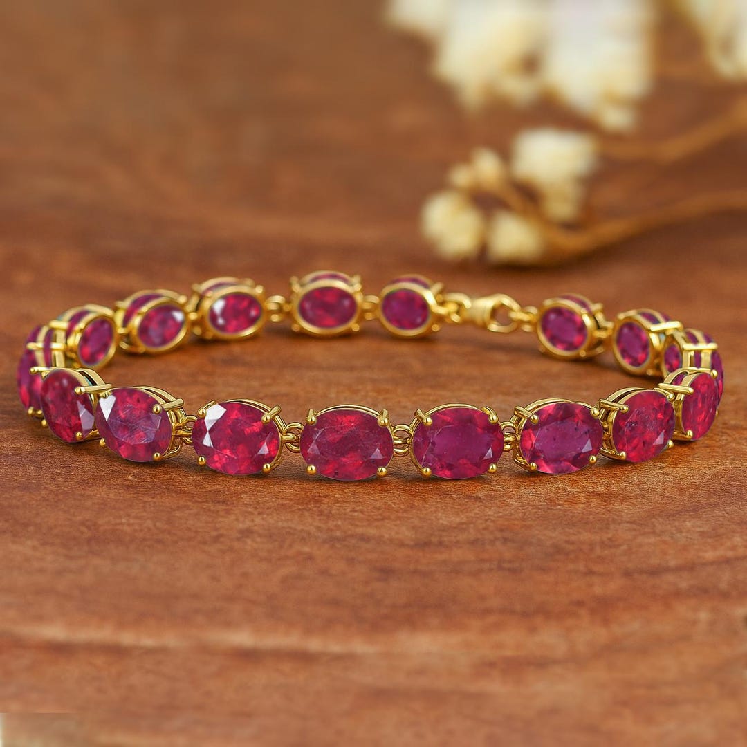 Natural Ruby Faceted Gemstone Tennis Bracelet, Genuine Ruby Silver ...