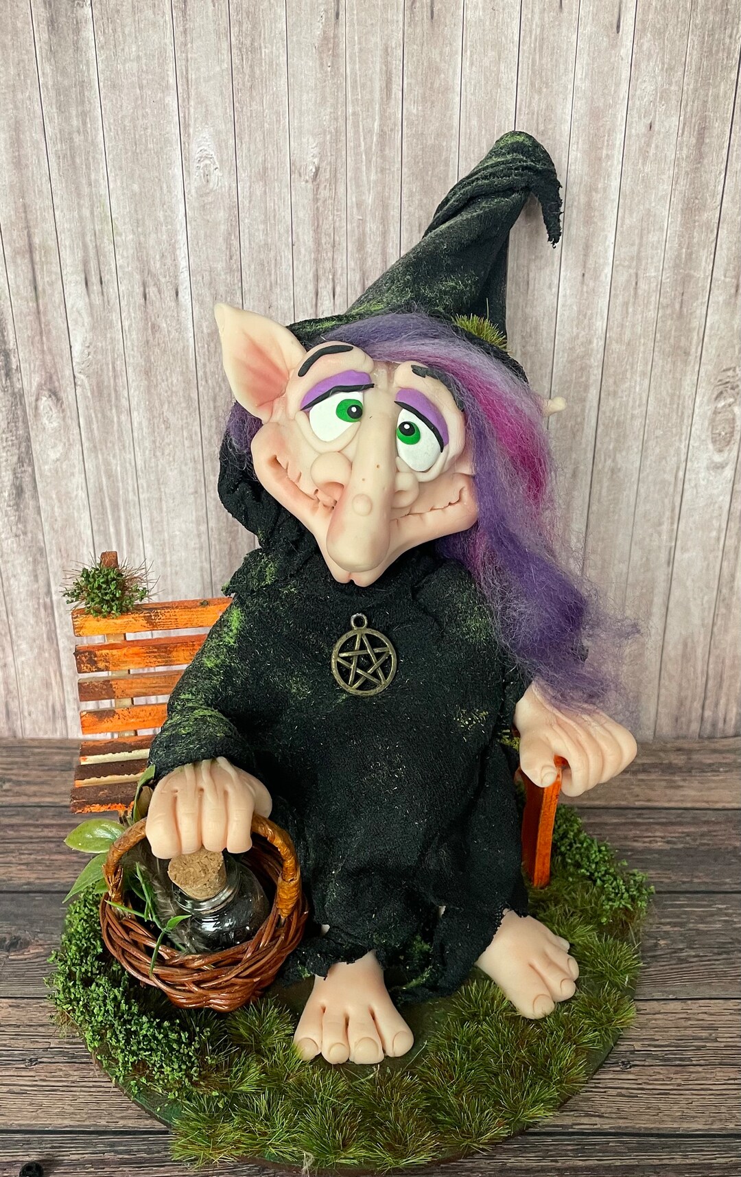 Witch on a Park Bench Figurine Purple/black With Witchy Basket - Etsy