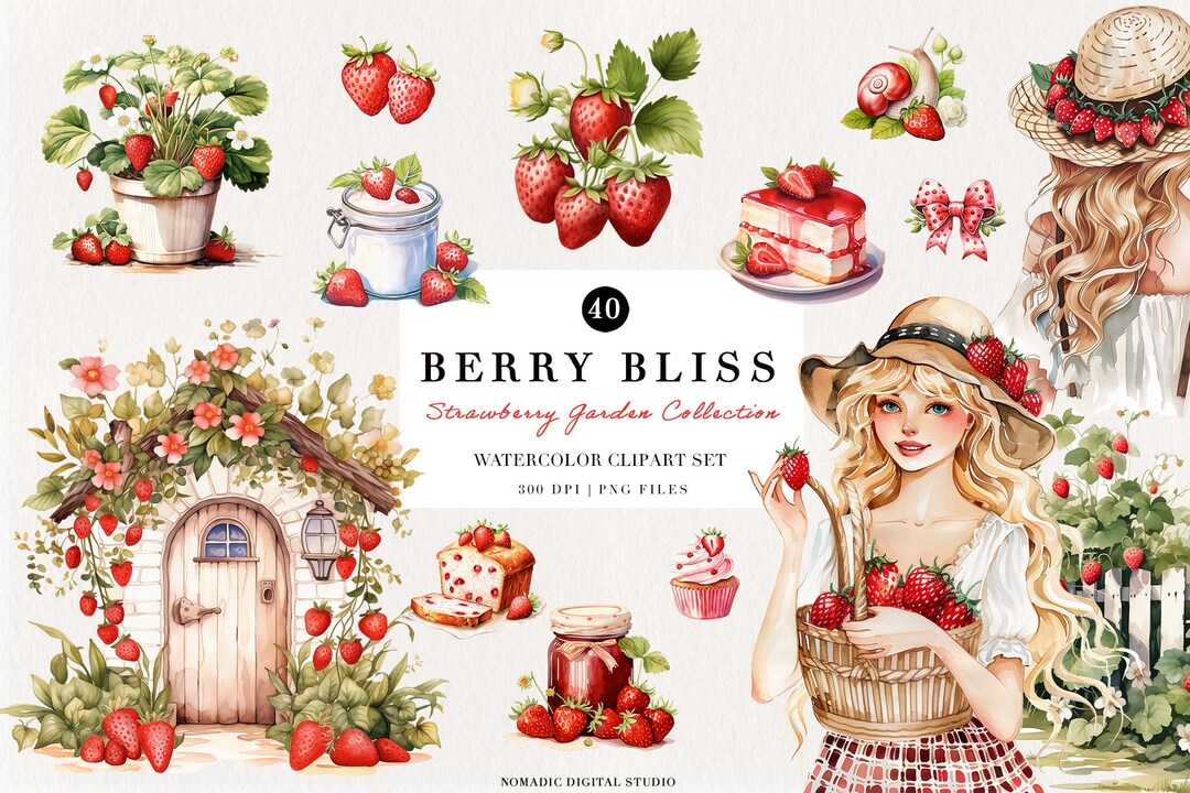 Watercolor Strawberry Clipart Bundle With Girl PNG, Cottagecore Girl ...