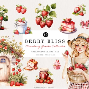 Watercolor Strawberry Clipart Bundle With Girl PNG, Cottagecore Girl ...