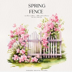 Floral Spring Garden Fence, Watercolor Spring Clipart, Wooden Fence ...