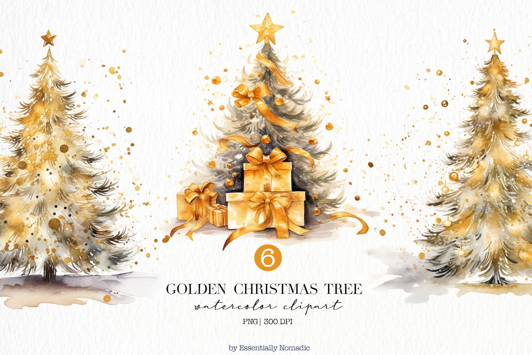 6 Golden Christmas Tree Clipart, Gold Glitter Watercolor Christmas Tree ...
