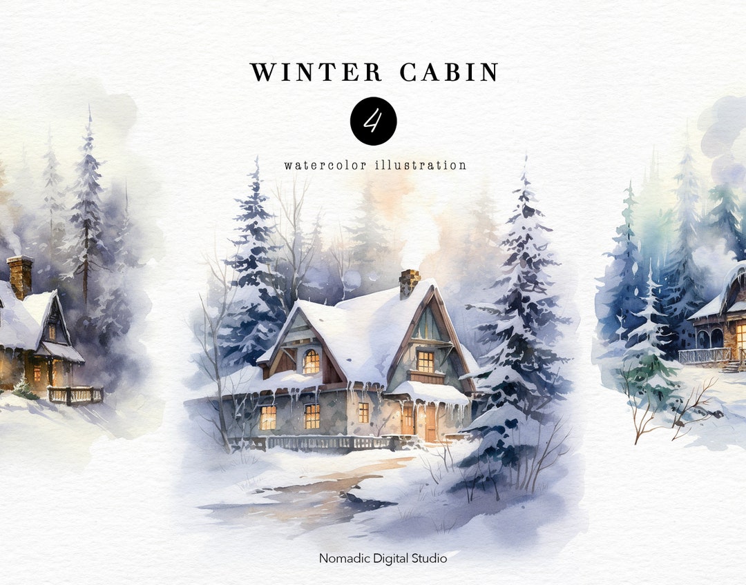 Winter Cabin Clipart, Watercolor Mountain, White Winter Scene, Card ...