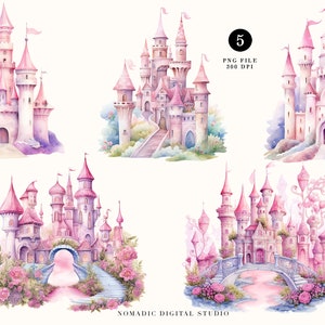5 Pastel Watercolor Princess Castles, Fantasy Clip Art, Pink Purple ...