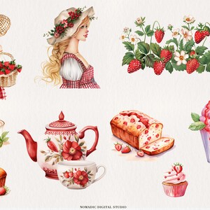 Watercolor Strawberry Clipart Bundle With Girl PNG, Cottagecore Girl ...