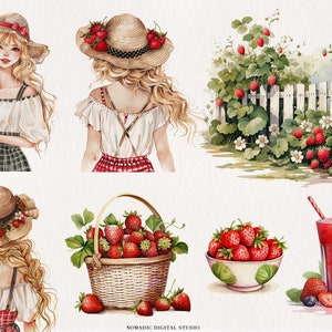 Watercolor Strawberry Clipart Bundle With Girl PNG, Cottagecore Girl ...