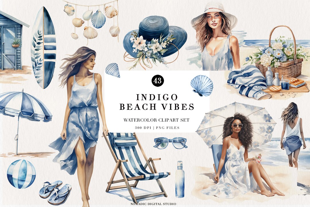 Blue Watercolor Ocean Lover Clipart Bundle, Summer Beach Clipart Png ...