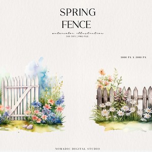 Floral Spring Garden Fence, Watercolor Spring Clipart, Wooden Fence ...