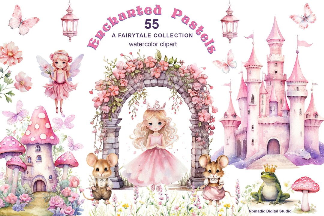 Pastel Watercolor Fairytale Clipart, Pink Princess Clipart, Fairy ...