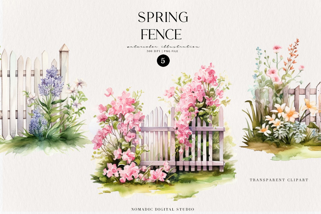 Floral Spring Garden Fence, Watercolor Spring Clipart, Wooden Fence ...