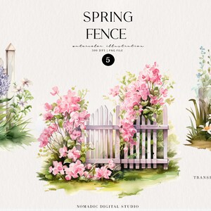 Floral Spring Garden Fence, Watercolor Spring Clipart, Wooden Fence ...