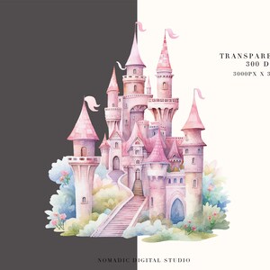 5 Pastel Watercolor Princess Castles, Fantasy Clip Art, Pink Purple ...