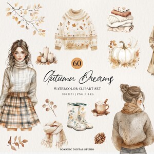 Watercolor Autumn Clipart Bundle, Autumn Girl Png, Fashion Lllustration ...