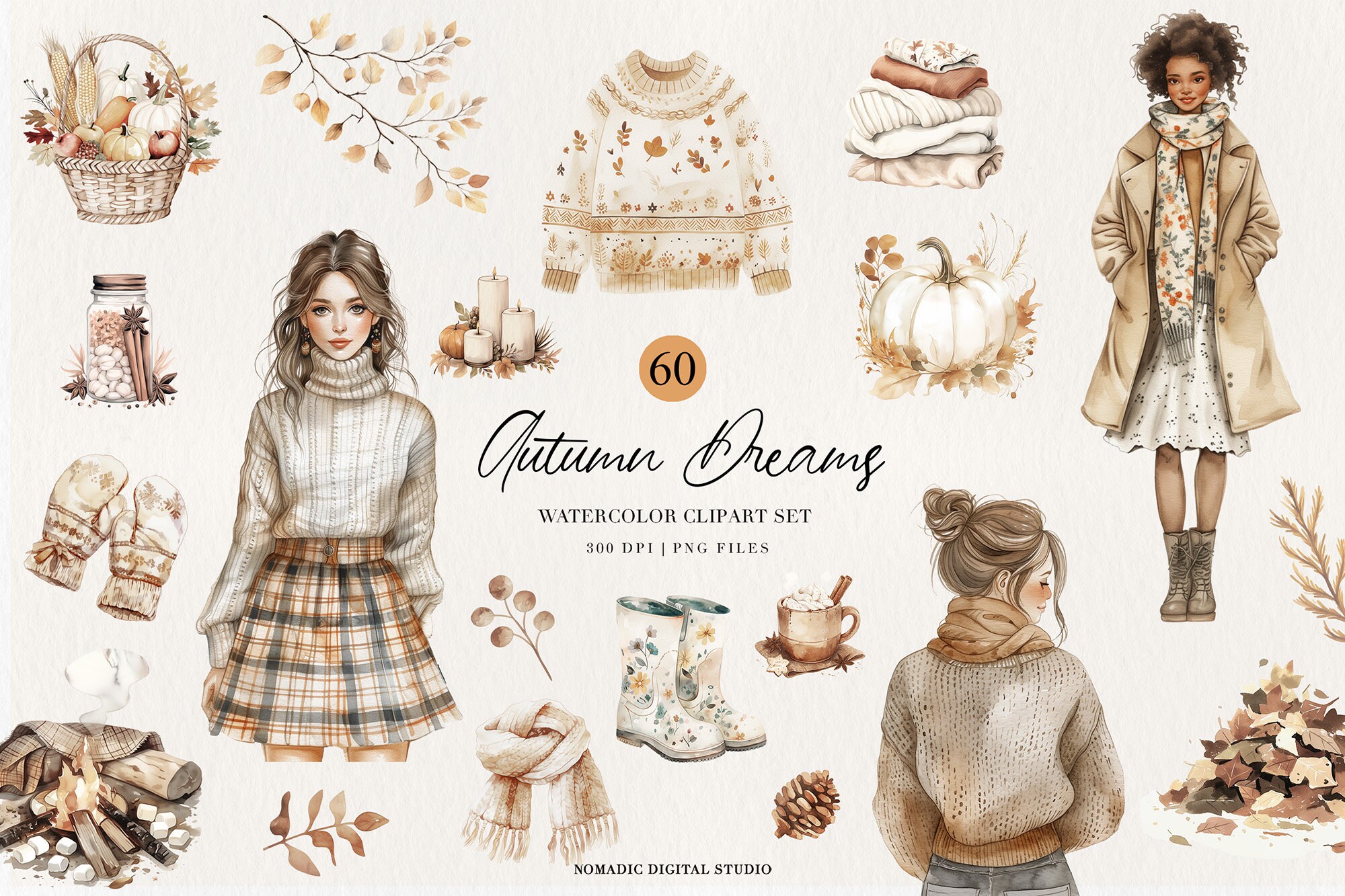 Watercolor Autumn Clipart Bundle, Autumn Girl Png, Fashion Lllustration ...