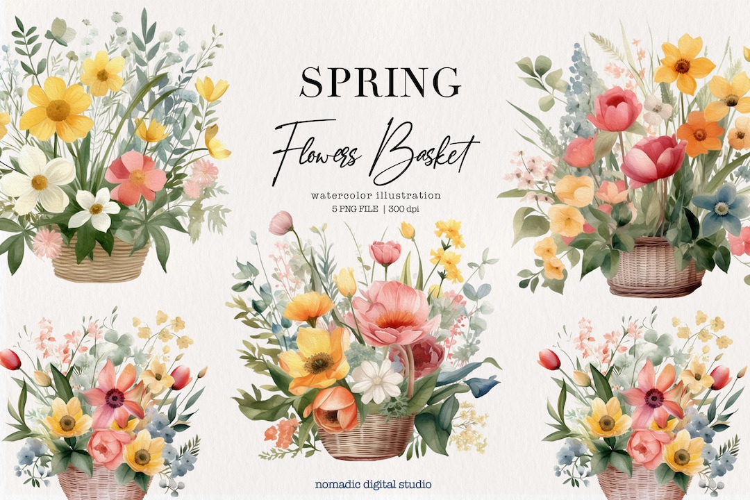 Spring Floral Basket Clipart, Watercolor Illustration, Cottagecore ...