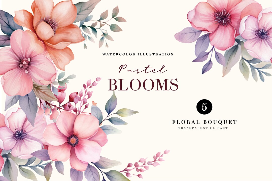 Pink Pastel Watercolor Floral Clipart Pack, Watercolor Flower Bouquet ...