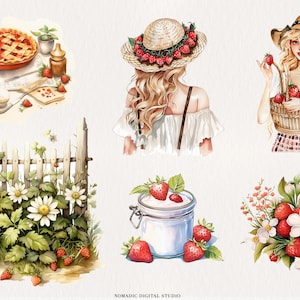 Watercolor Strawberry Clipart Bundle With Girl PNG, Cottagecore Girl ...
