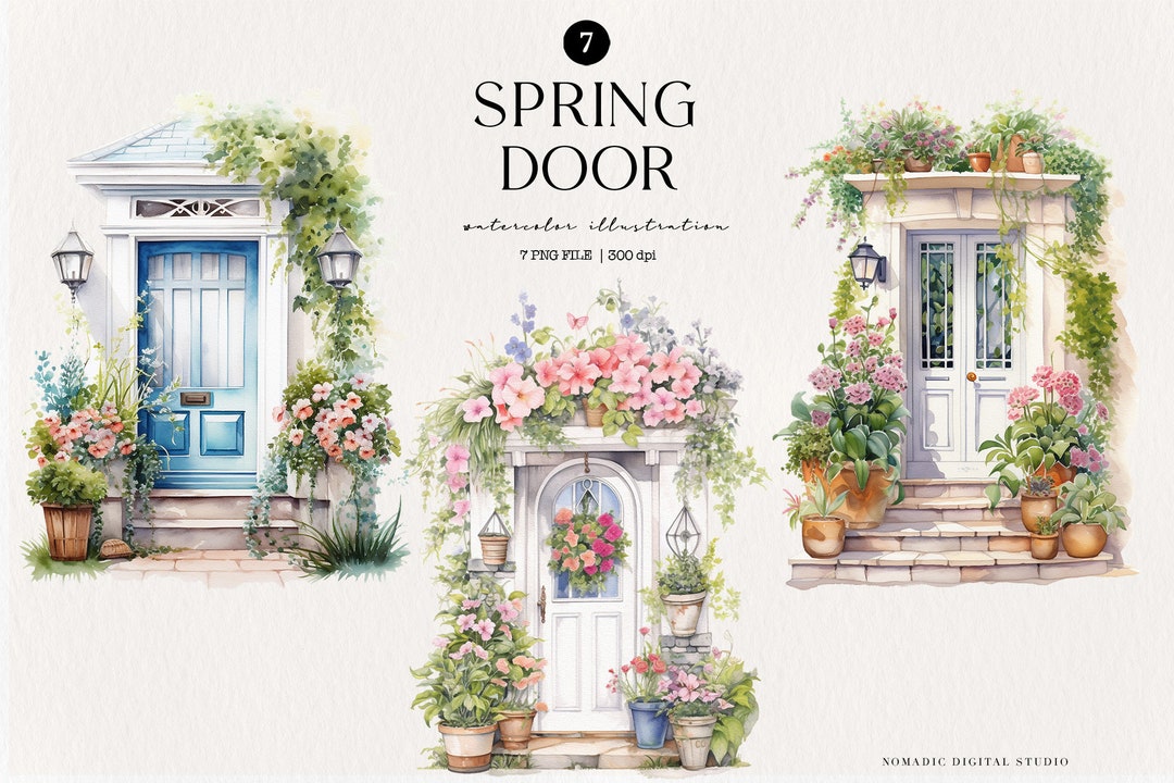 Floral Spring Doors, Watercolor Spring Clipart, Garden Png, Front Door ...
