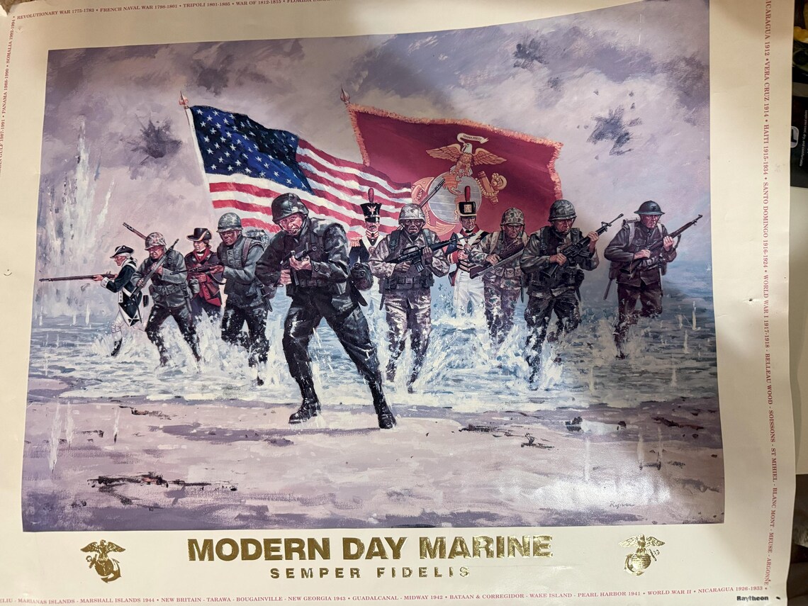 Vintage USMC Wars Poster | Gold-tone EGA Emblems | Rare Marine Corps ...
