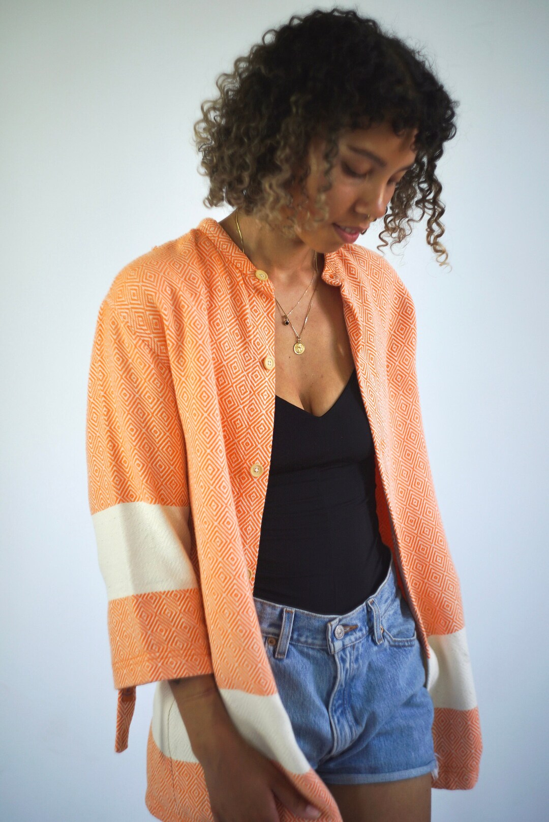 Organic Cotton Beach Shirt for Women SANTORINI Orange Hand Woven ...