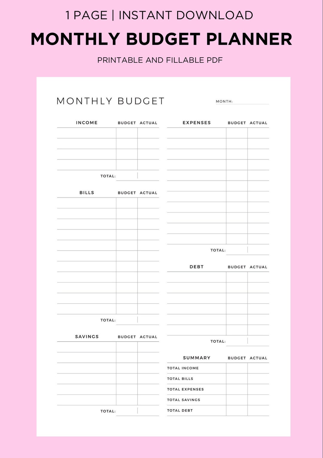 Monthly Budget Planner Printable & Fillable PDF, Budget Tracker ...