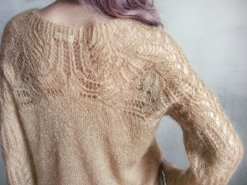 Mohair sweater for woman hand knit lace sleeve Loose knitted | Etsy