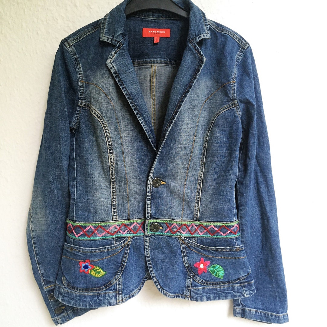 Denim Jacket Blazer Embroidered by Hand, Gr. 38 - Etsy