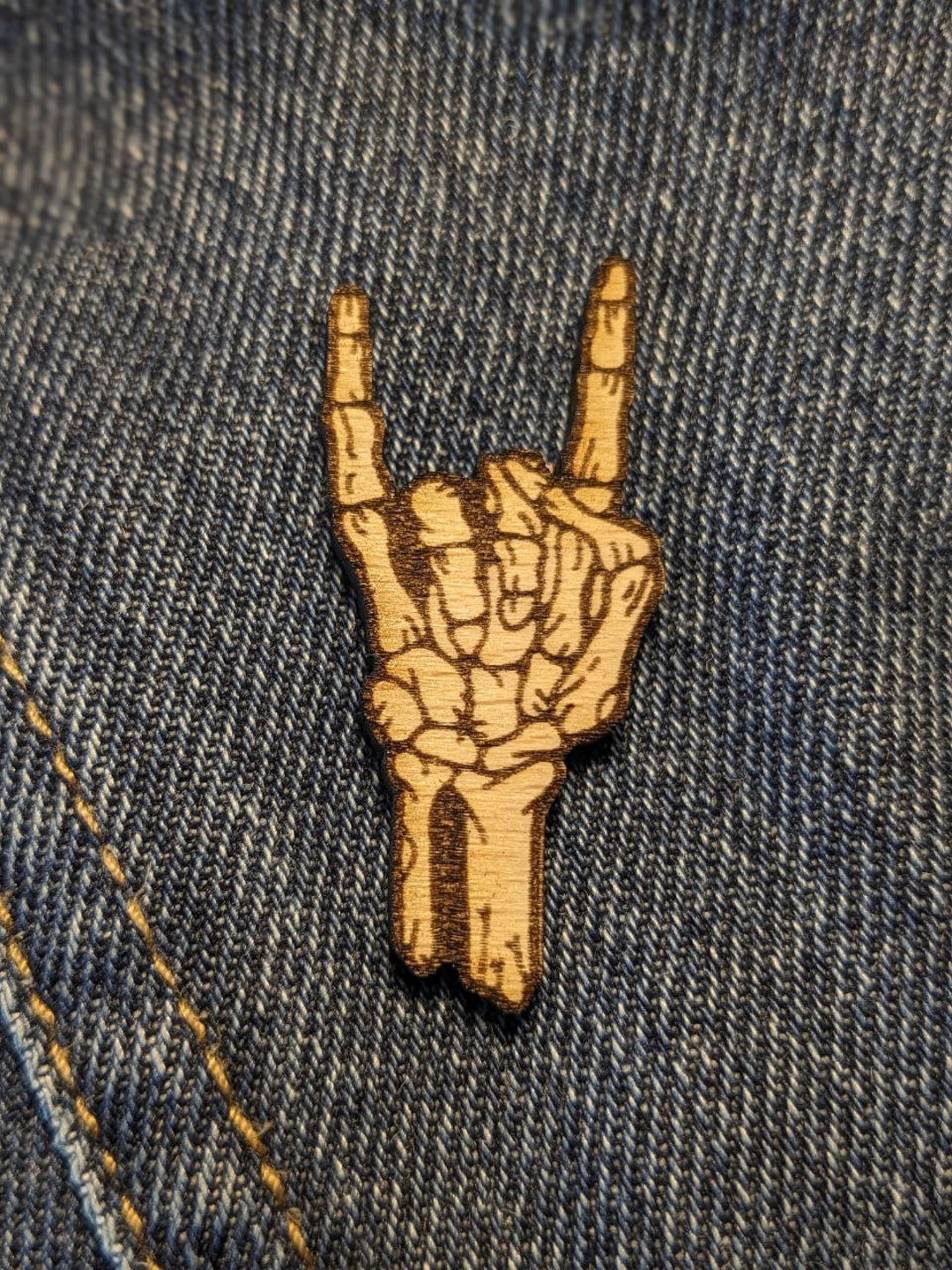 Rock and Roll Hand Sign Wood Pin: Laser Etched Brooch - Etsy