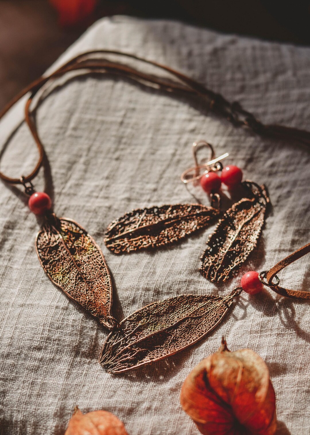 Electroformed Copper Leaf Jewelry Set • Jade & Botanical Lace - Etsy