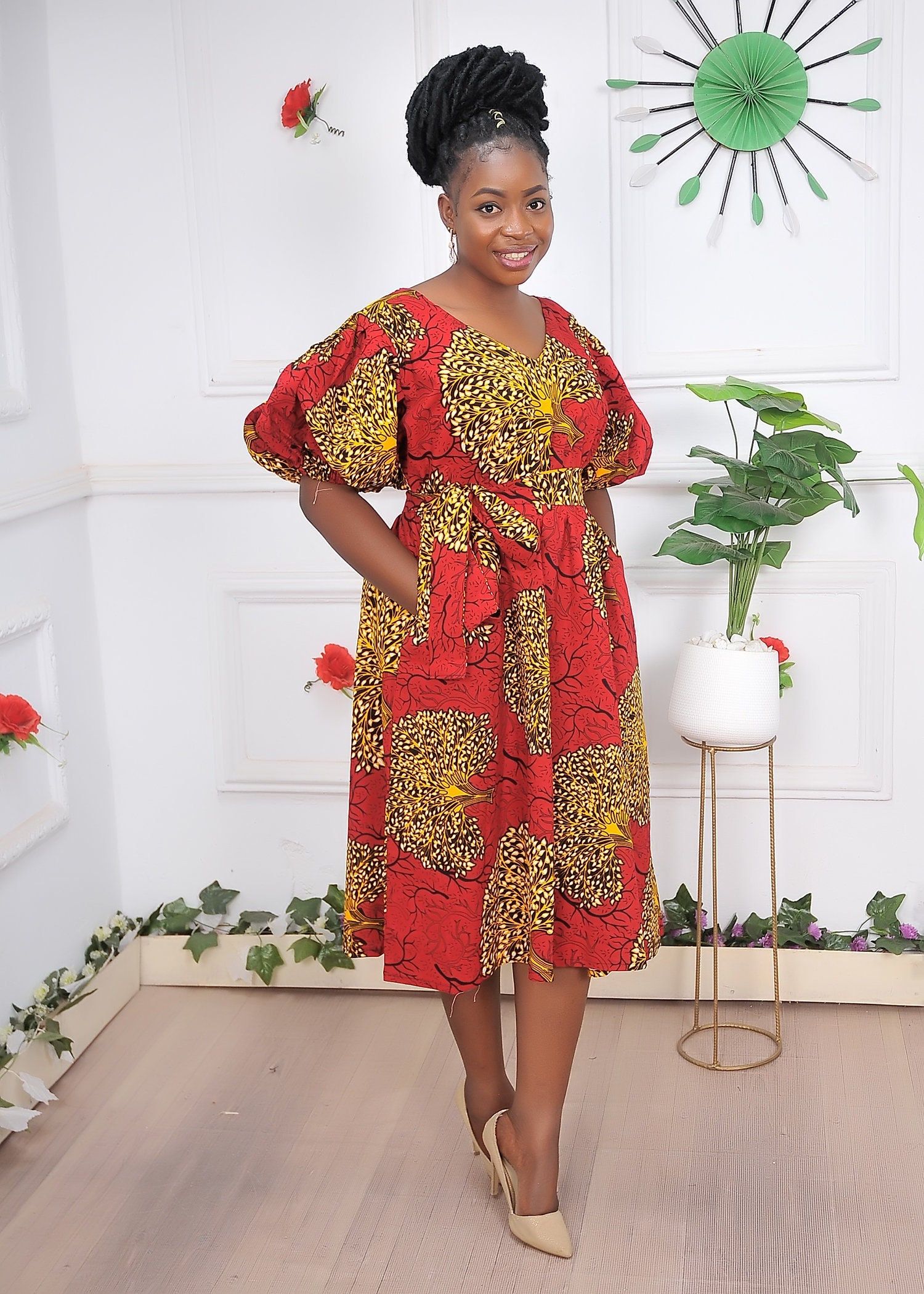 African Print Dress, Midi Red Formal V-neck Short Sleeve African ...