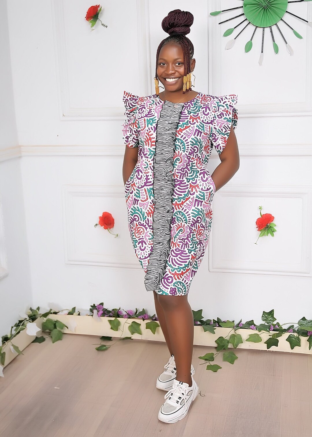 Pink African Print Dress, Formal Knee Length Short Sleeve Summer Shift ...