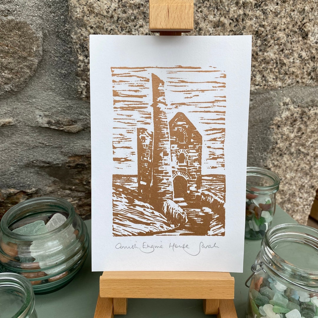 Cornwall. Linocut Print Using Copper Paint Tin Mine Engine House ...