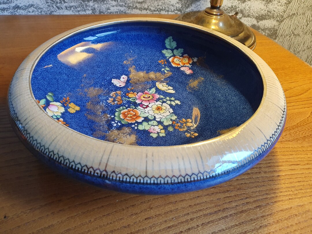 Vintage Coronet Art Ware China Bowl Deep Blue Beige Gilt With Floral ...