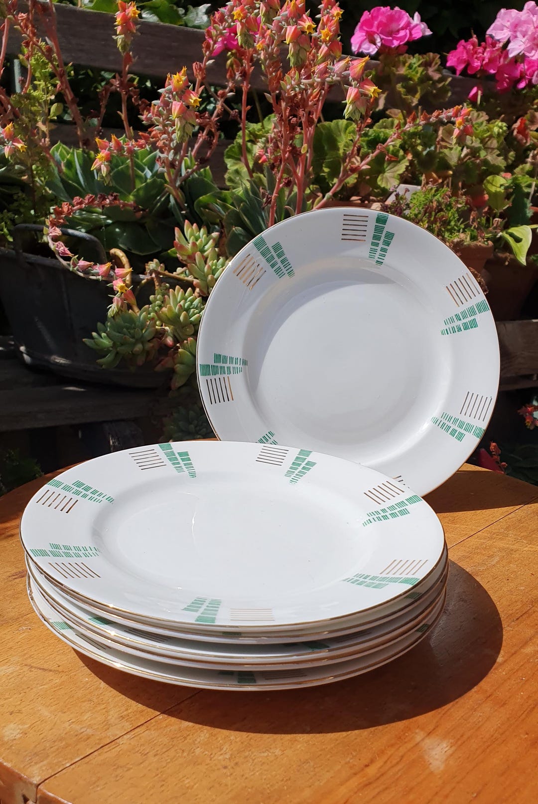 Set of 6 Rare Vintage Bone China Side Plates Green and Gold Geometric ...