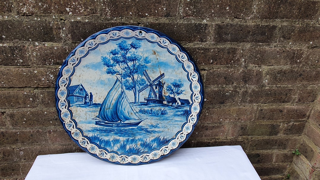 Vintage Delft Serving Tray Baret Ware Circular Round Metal Drinks Wall ...