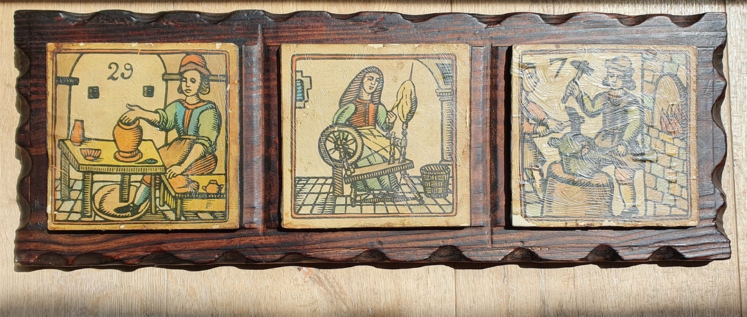 Unique Wooden Plaque Depicting Colour Woodcuts of Medieval Crafts or ...