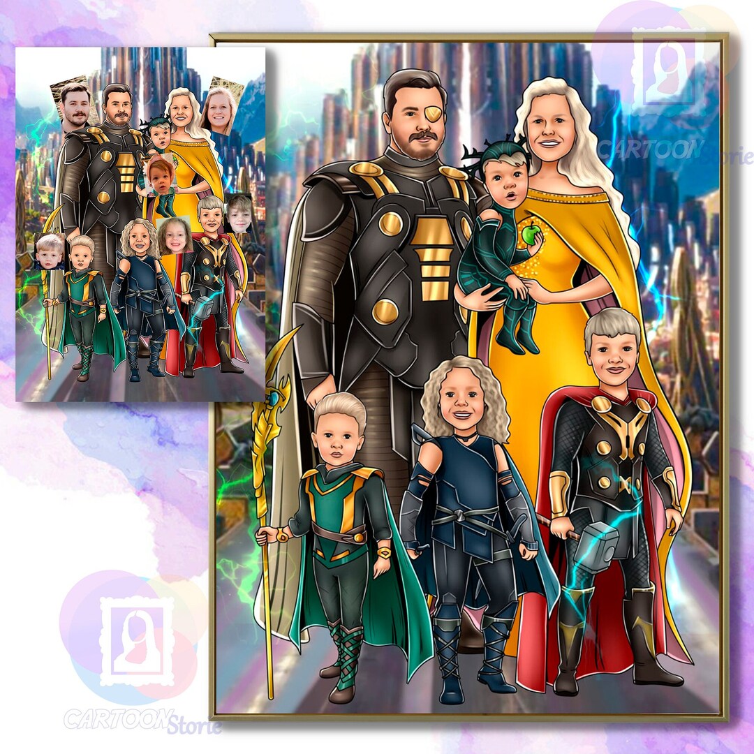 Superhero Family Portrait Cartoon Family Art - Etsy
