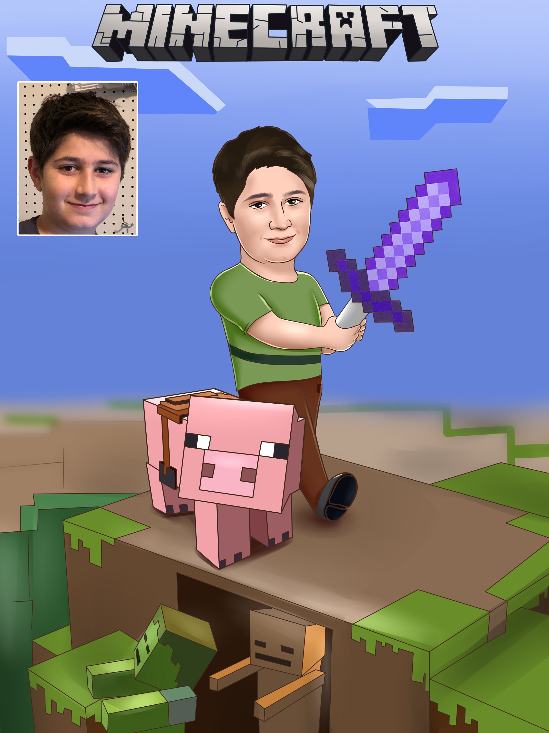 MINECRAFT Personalized Cartoon Portrait For Kids Custom | Etsy