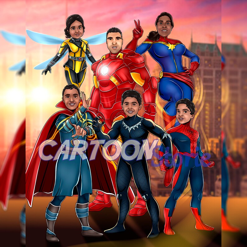 Superhero Family Portrait Cartoon Family Art - Etsy