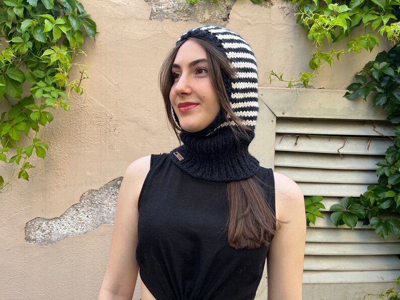 Hand Knitted Balaclava With Stripes, Black and White Balaclava ...