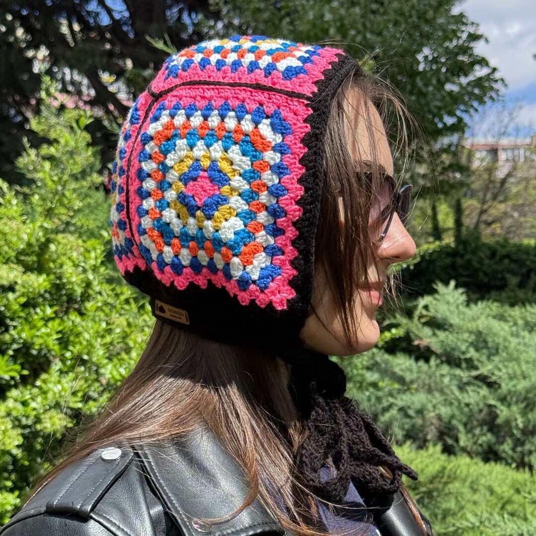 Hand Knitted Granny Square Bonnet: Colorful Crochet Cotton Balaclava - Etsy