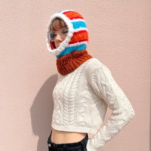 Handmade Colorful Balaclava in Orange White and Blue, Oversize Fluffy ...