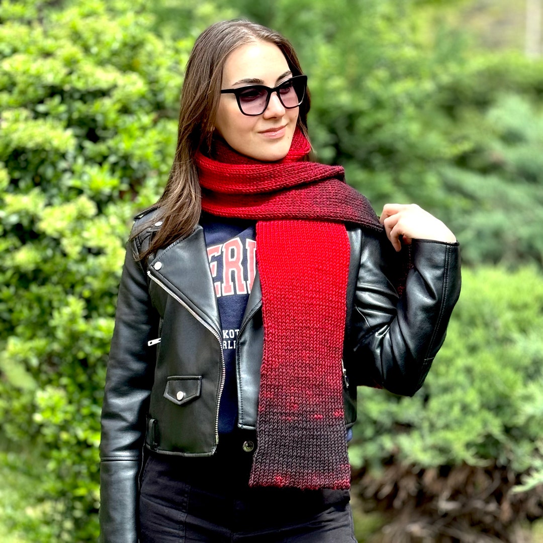 Hand Knit Red Scarf, Knitted Red Black Neck Warmer, Wool Long Scarf ...