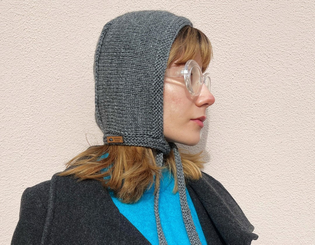 Gray Knit Bonnet for Adults, Pure Wool Bow Tie Bonnet, Balaclava With ...