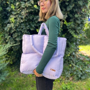 Handmade Lilac Puffer Tote Bag: Large Padded Laptop Bag - Etsy