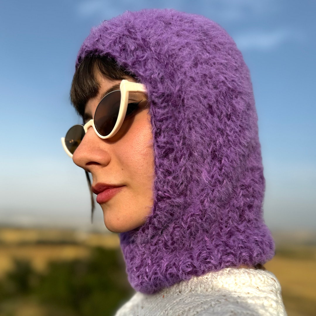 Hand Knitted Purple Balaclava: Fluffy Winter Hood - Etsy
