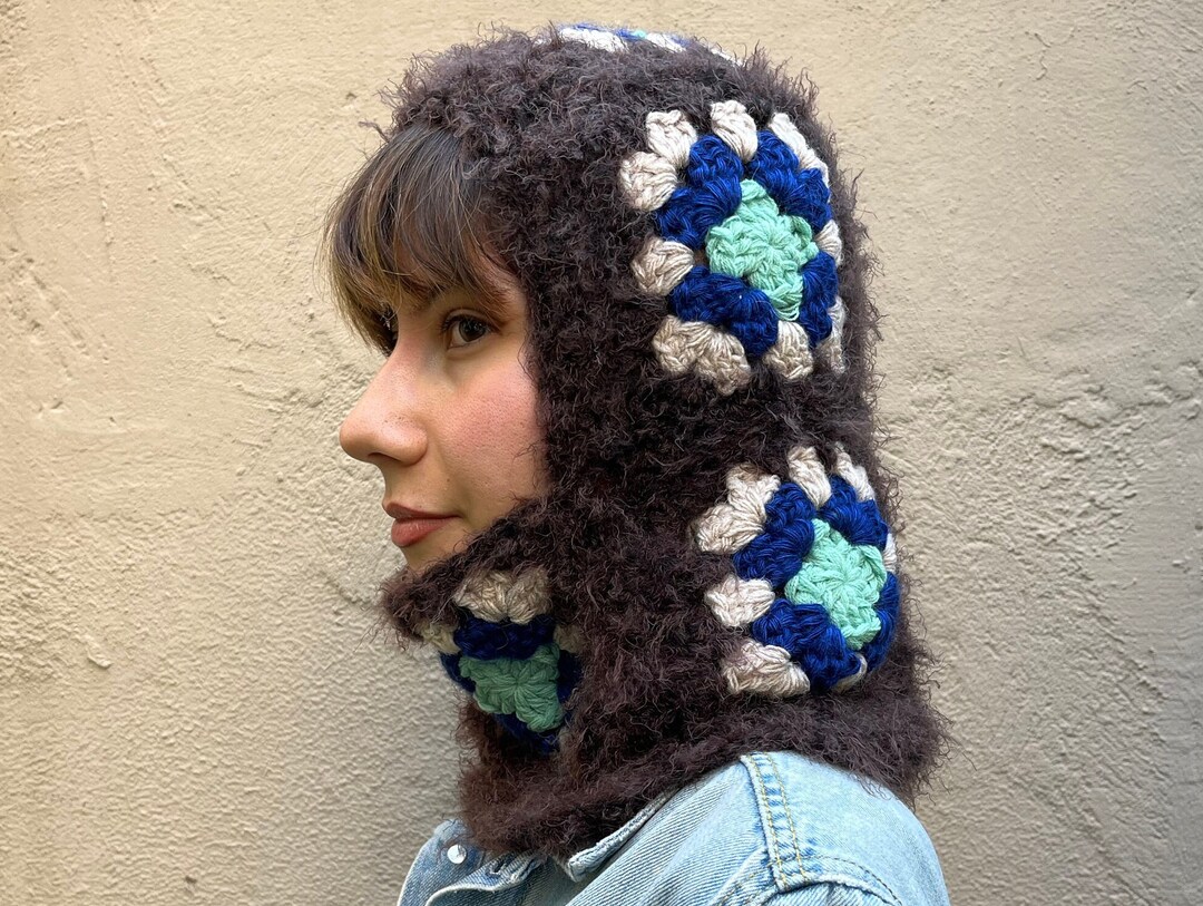 Handcrafted Fuzzy Granny Square Crochet Balaclava: Brown Floral Knit - Etsy