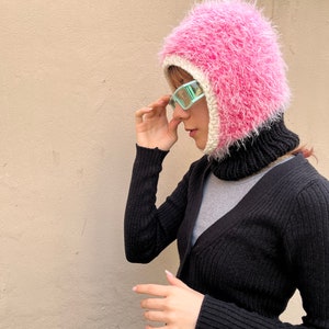 Fuzzy Balaclava Knit, Hand Knitted Fluffy Balaclava in Pink Black White ...
