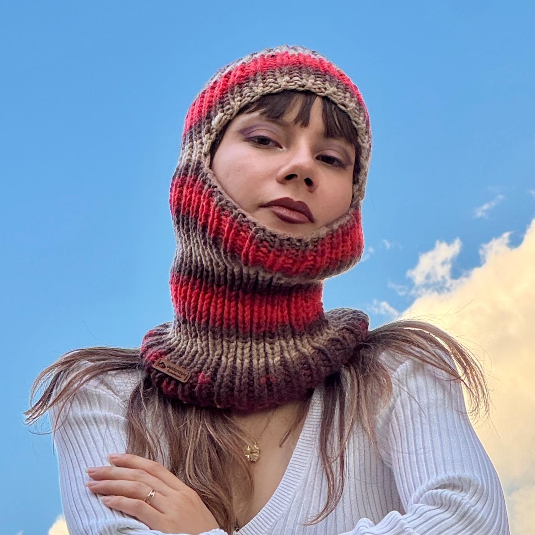 Striped Knit Full Face Balaclava: Red Brown Wool Winter Hat With Neck ...