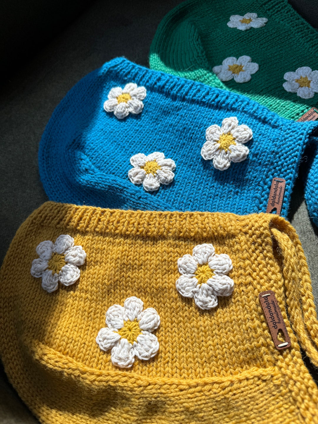 Hand Knitted Bow Tie Bonnet, Pure Wool Bonnet With Crochet Flowers ...